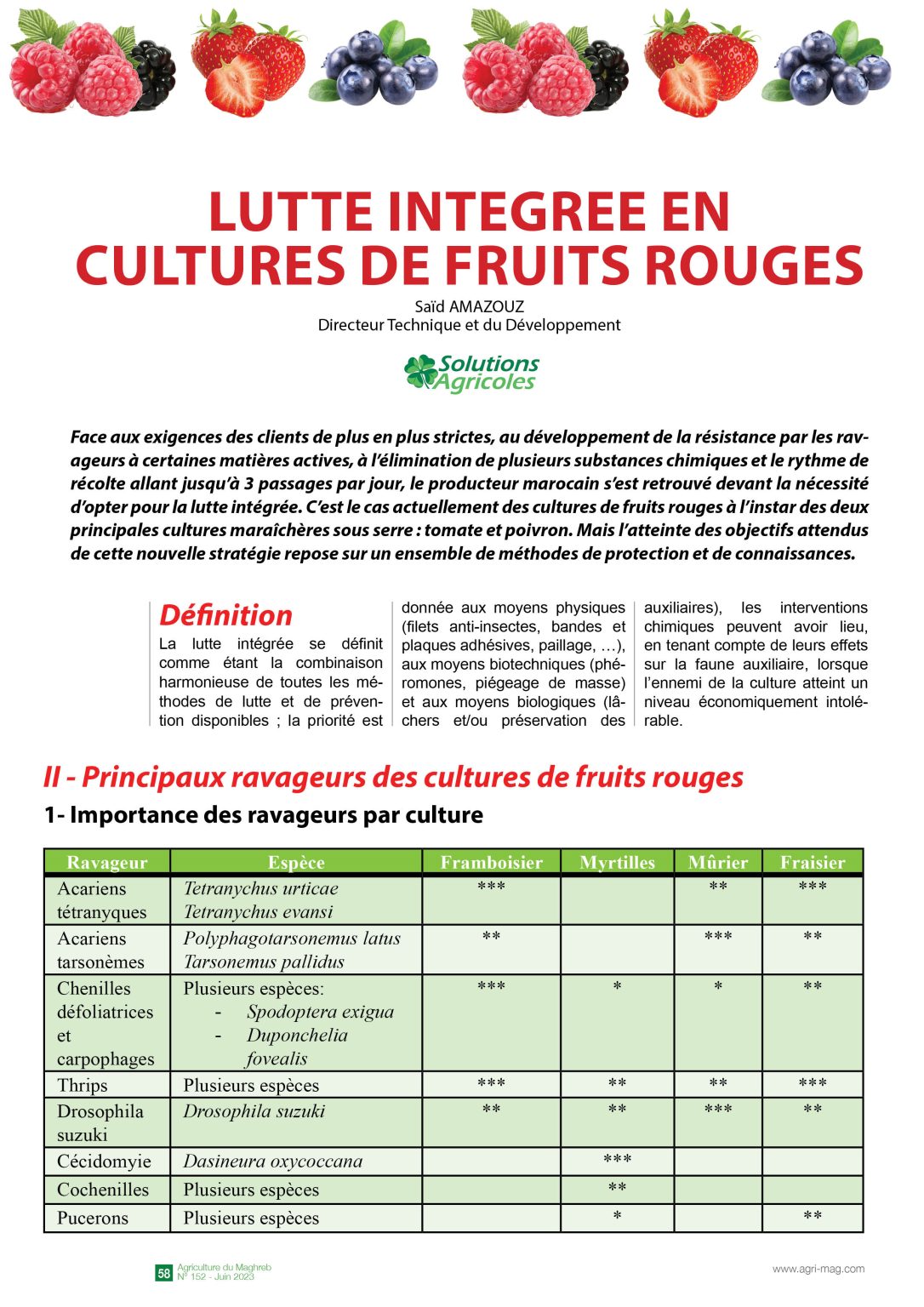 LUTTE INTEGREE EN CULTURES DE FRUITS ROUGES - Agriculture du Maghreb